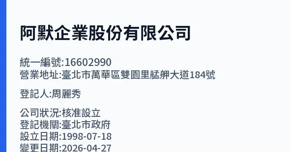 阿默企業股份有限公司的照片-統編 16602990(臺北市) 公司登記資料與營業項目詳細圖表