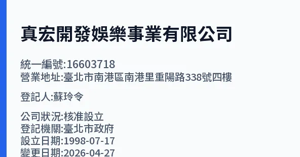 真宏開發娛樂事業有限公司的照片-統編 16603718(臺北市) 公司登記資料與營業項目詳細圖表