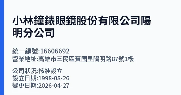 小林鐘錶眼鏡股份有限公司陽明分公司的照片-統編 16606692(高雄市) 公司登記資料與營業項目詳細圖表