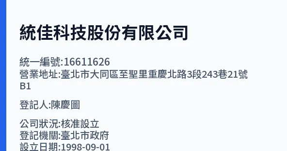 統佳科技股份有限公司的照片-統編 16611626(臺北市) 公司登記資料與營業項目詳細圖表