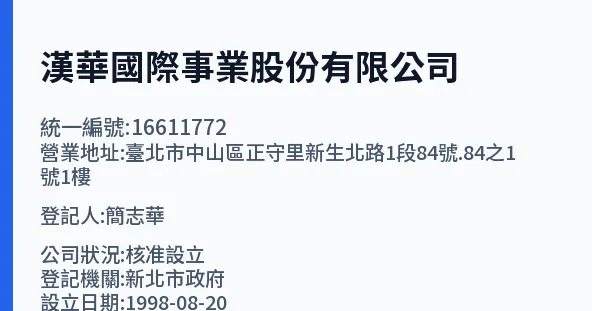 漢華國際事業股份有限公司的照片-統編 16611772(臺北市) 公司登記資料與營業項目詳細圖表
