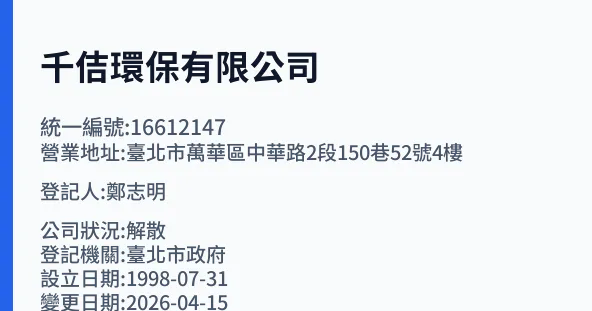 千佶環保有限公司的照片-統編 16612147(臺北市) 公司登記資料與營業項目詳細圖表