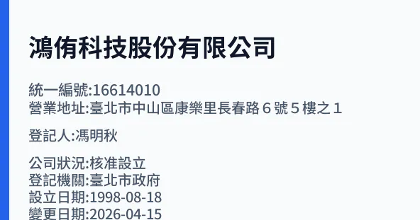 鴻侑科技股份有限公司的照片-統編 16614010(臺北市) 公司登記資料與營業項目詳細圖表
