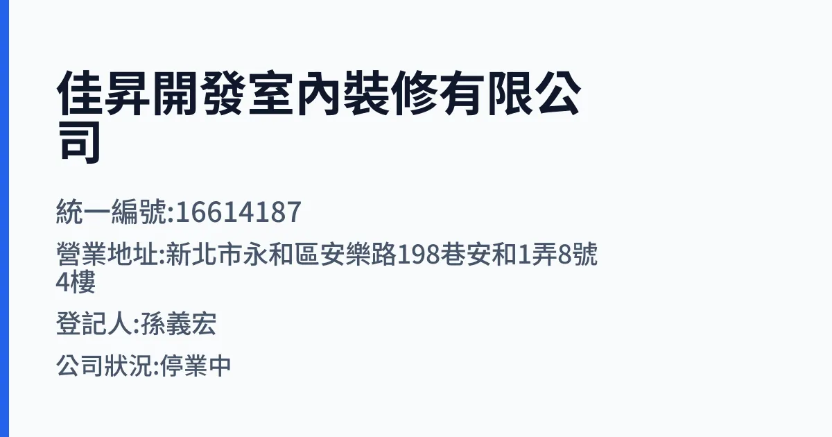 佳昇開發室內裝修有限公司 - 統編 16614187(新北市) 公司登記資料與營業項目詳細圖表