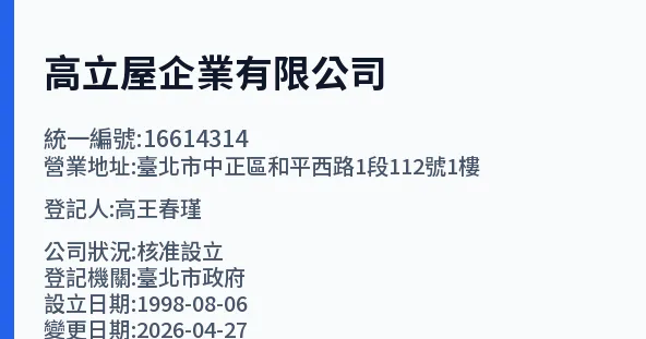 高立屋企業有限公司的照片-統編 16614314(臺北市) 公司登記資料與營業項目詳細圖表