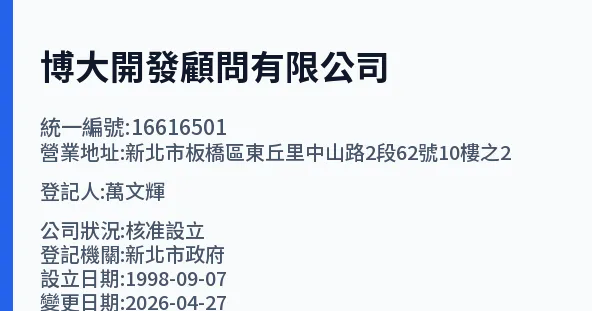 博大開發顧問有限公司的照片-統編 16616501(新北市) 公司登記資料與營業項目詳細圖表