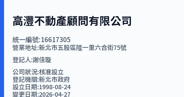 高灃不動產顧問有限公司的照片-統編 16617305(新北市) 公司登記資料與營業項目詳細圖表