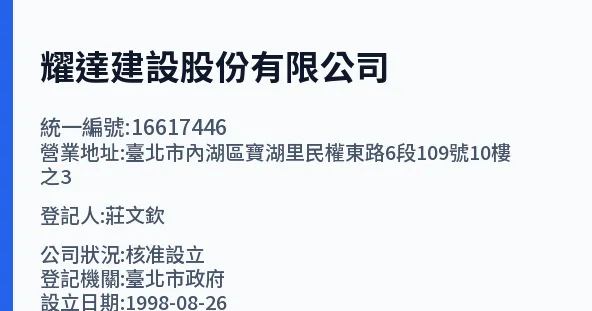 耀達建設股份有限公司的照片-統編 16617446(臺北市) 公司登記資料與營業項目詳細圖表