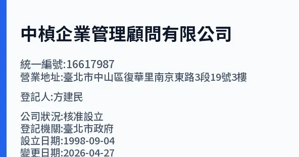 中楨企業管理顧問有限公司的照片-統編 16617987(臺北市) 公司登記資料與營業項目詳細圖表