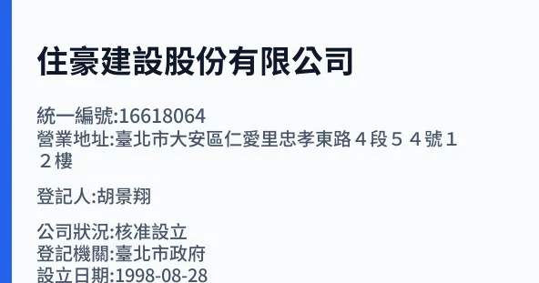 住豪建設股份有限公司的照片-統編 16618064(臺北市) 公司登記資料與營業項目詳細圖表
