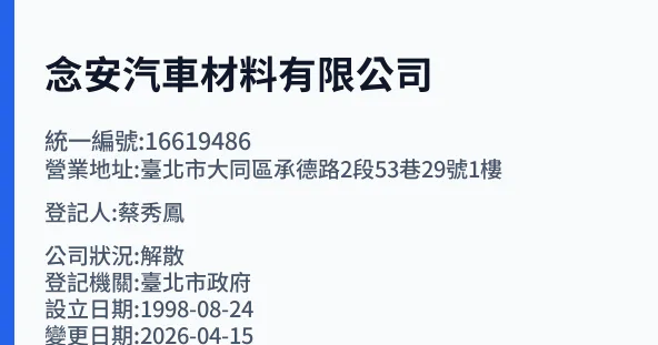 念安汽車材料有限公司的照片-統編 16619486(臺北市) 公司登記資料與營業項目詳細圖表