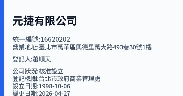 元捷有限公司的照片-統編 16620202(臺北市) 公司登記資料與營業項目詳細圖表