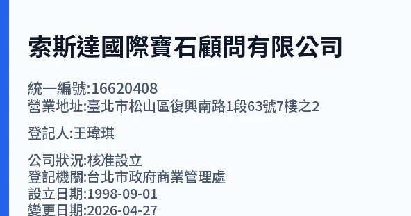 索斯達國際寶石顧問有限公司的照片-統編 16620408(臺北市) 公司登記資料與營業項目詳細圖表