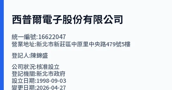 西普爾電子股份有限公司的照片-統編 16622047(新北市) 公司登記資料與營業項目詳細圖表