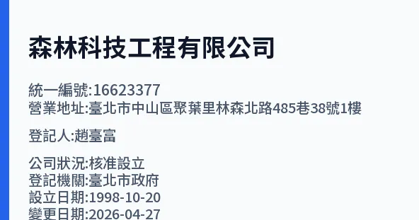 森林科技工程有限公司的照片-統編 16623377(臺北市) 公司登記資料與營業項目詳細圖表