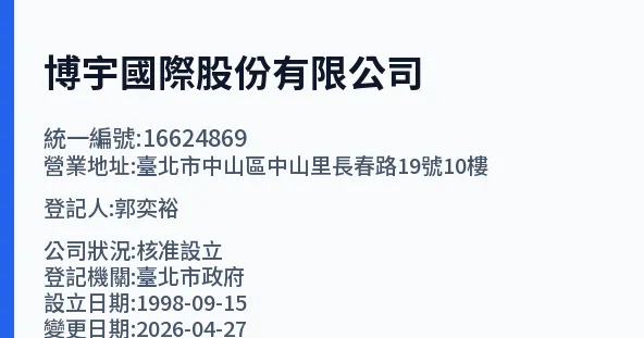 博宇國際股份有限公司的照片-統編 16624869(臺北市) 公司登記資料與營業項目詳細圖表