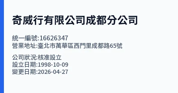 奇威行有限公司成都分公司的照片-統編 16626347(臺北市) 公司登記資料與營業項目詳細圖表