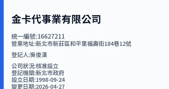 金卡代事業有限公司的照片-統編 16627211(新北市) 公司登記資料與營業項目詳細圖表
