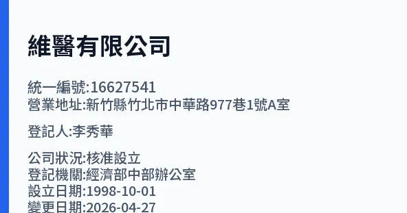 維醫有限公司的照片-統編 16627541(新竹縣) 公司登記資料與營業項目詳細圖表