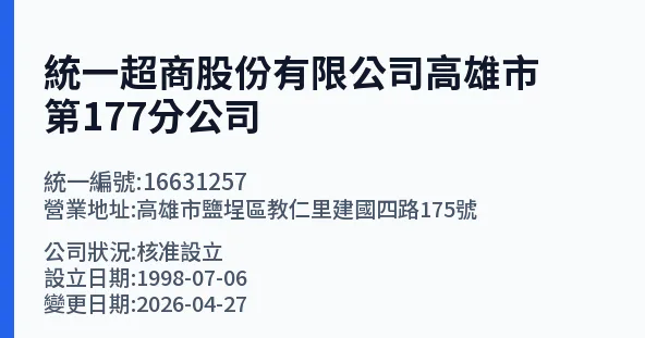 統一超商股份有限公司高雄市第177分公司的照片-統編 16631257(高雄市) 公司登記資料與營業項目詳細圖表