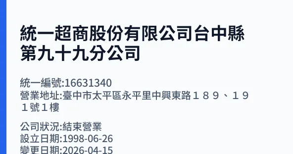 統一超商股份有限公司台中縣第九十九分公司的照片-統編 16631340(臺中市) 公司登記資料與營業項目詳細圖表