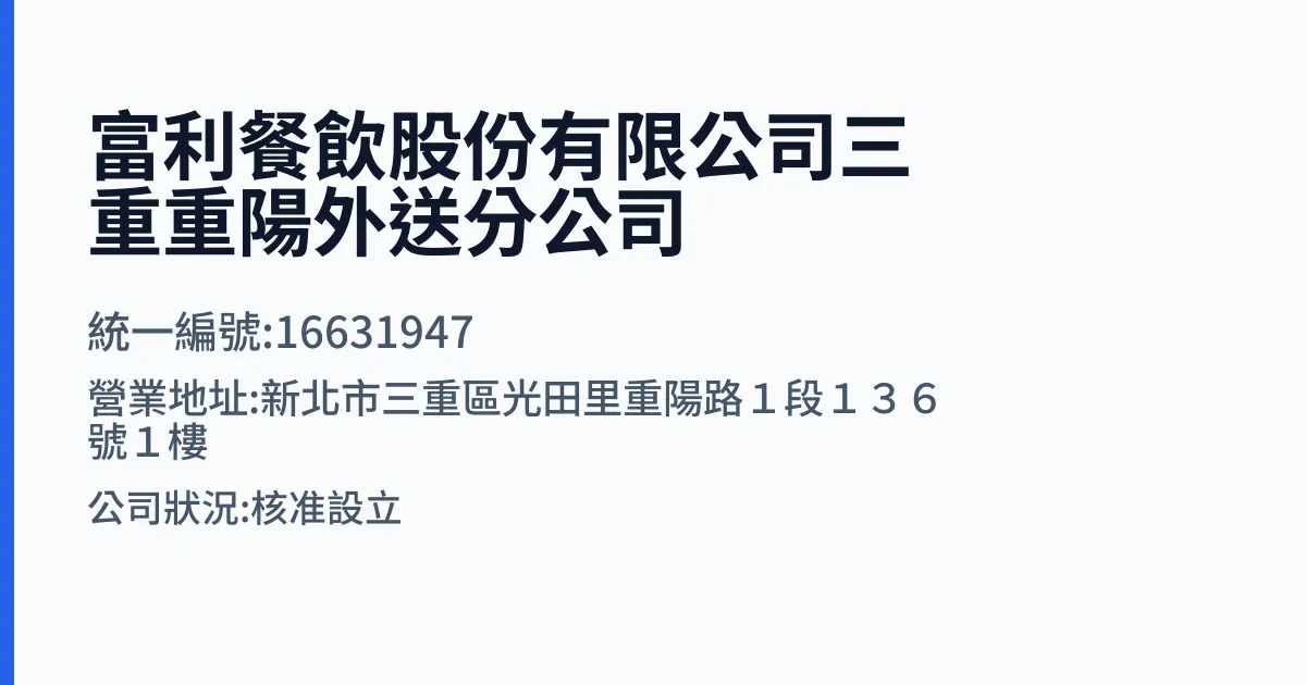 富利餐飲股份有限公司三重重陽外送分公司 - 統編 16631947(新北市) 公司登記資料與營業項目詳細圖表