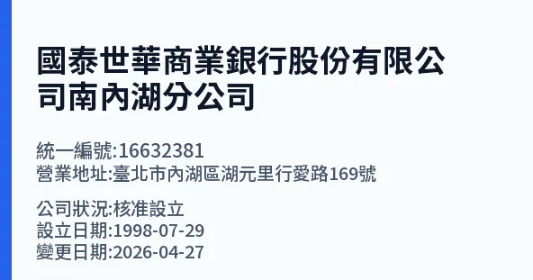 國泰世華商業銀行股份有限公司南內湖分公司的照片-統編 16632381(臺北市) 公司登記資料與營業項目詳細圖表