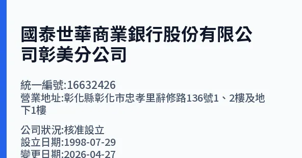 國泰世華商業銀行股份有限公司彰美分公司的照片-統編 16632426(彰化縣) 公司登記資料與營業項目詳細圖表