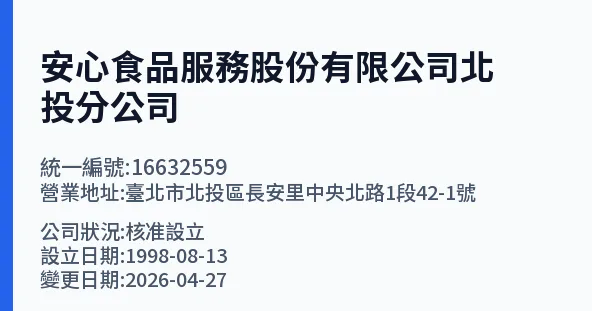 安心食品服務股份有限公司北投分公司的照片-統編 16632559(臺北市) 公司登記資料與營業項目詳細圖表