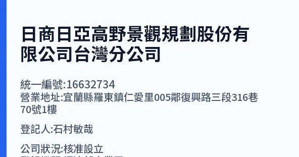 日商日亞高野景觀規劃股份有限公司台灣分公司的照片-統編 16632734(宜蘭縣) 公司登記資料與營業項目詳細圖表