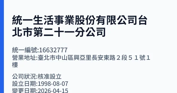 統一生活事業股份有限公司台北市第二十一分公司的照片-統編 16632777(臺北市) 公司登記資料與營業項目詳細圖表