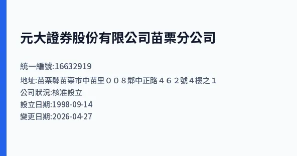 元大證券股份有限公司苗栗分公司的照片-統編 16632919(苗栗縣) 公司登記資料與營業項目詳細圖表