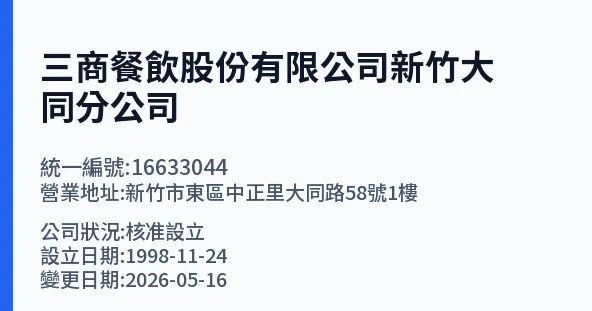 三商餐飲股份有限公司新竹大同分公司的照片-統編 16633044(新竹市) 公司登記資料與營業項目詳細圖表