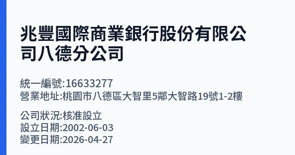 兆豐國際商業銀行股份有限公司八德分公司的照片-統編 16633277(桃園市) 公司登記資料與營業項目詳細圖表