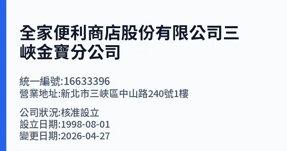 全家便利商店股份有限公司三峽金寶分公司的照片-統編 16633396(新北市) 公司登記資料與營業項目詳細圖表