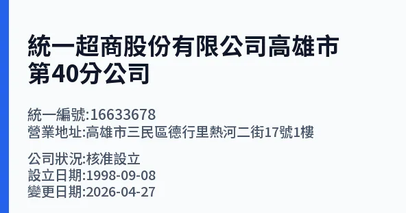 統一超商股份有限公司高雄市第40分公司的照片-統編 16633678(高雄市) 公司登記資料與營業項目詳細圖表