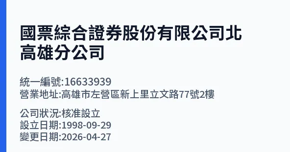 國票綜合證券股份有限公司北高雄分公司的照片-統編 16633939(高雄市) 公司登記資料與營業項目詳細圖表