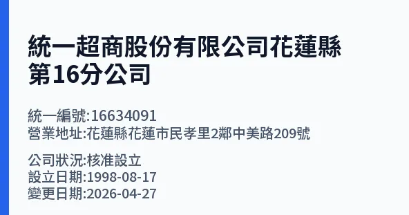 統一超商股份有限公司花蓮縣第16分公司的照片-統編 16634091(花蓮縣) 公司登記資料與營業項目詳細圖表