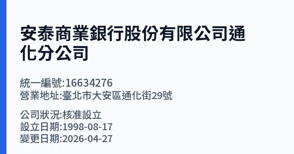 安泰商業銀行股份有限公司通化分公司的照片-統編 16634276(臺北市) 公司登記資料與營業項目詳細圖表