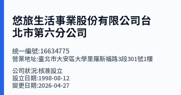 悠旅生活事業股份有限公司台北市第六分公司的照片-統編 16634775(臺北市) 公司登記資料與營業項目詳細圖表