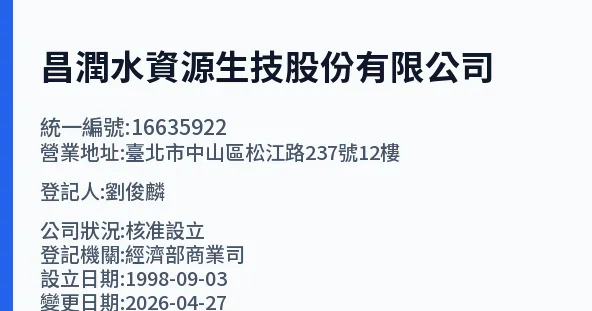 昌潤水資源生技股份有限公司的照片-統編 16635922(臺北市) 公司登記資料與營業項目詳細圖表