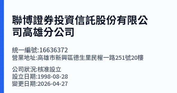 聯博證券投資信託股份有限公司高雄分公司的照片-統編 16636372(高雄市) 公司登記資料與營業項目詳細圖表