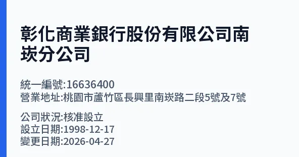 彰化商業銀行股份有限公司南崁分公司的照片-統編 16636400(桃園市) 公司登記資料與營業項目詳細圖表