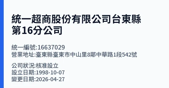 統一超商股份有限公司台東縣第16分公司的照片-統編 16637029(臺東縣) 公司登記資料與營業項目詳細圖表