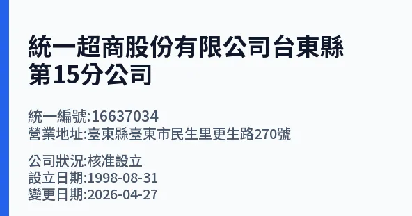 統一超商股份有限公司台東縣第15分公司的照片-統編 16637034(臺東縣) 公司登記資料與營業項目詳細圖表