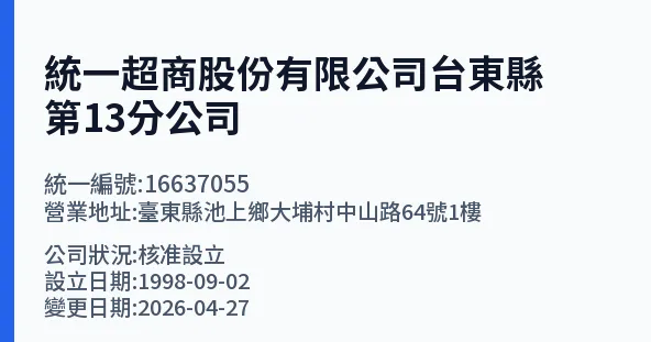 統一超商股份有限公司台東縣第13分公司的照片-統編 16637055(臺東縣) 公司登記資料與營業項目詳細圖表