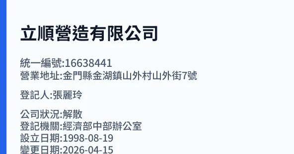 立順營造有限公司的照片-統編 16638441(金門縣) 公司登記資料與營業項目詳細圖表