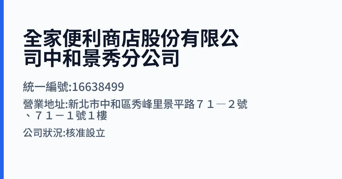 全家便利商店股份有限公司中和景秀分公司 - 統編 16638499(新北市) 公司登記資料與營業項目詳細圖表