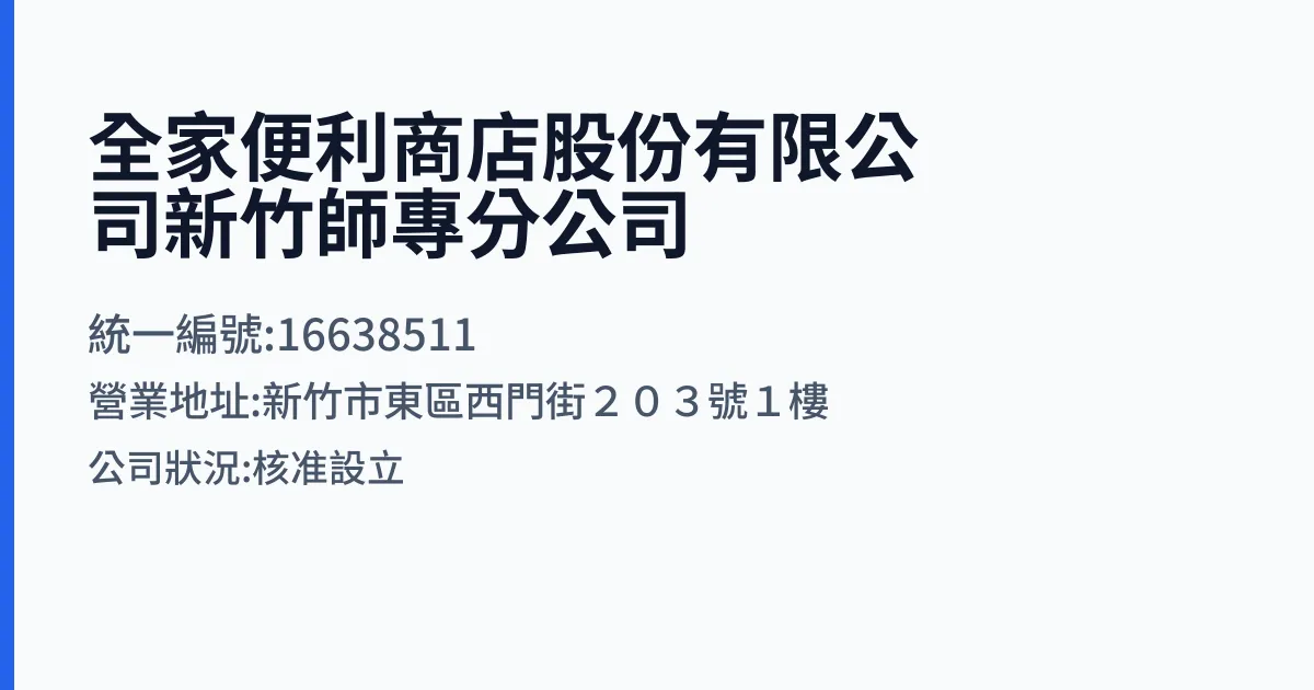 全家便利商店股份有限公司新竹師專分公司 - 統編 16638511(新竹市) 公司登記資料與營業項目詳細圖表