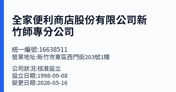 全家便利商店股份有限公司新竹師專分公司的照片-統編 16638511(新竹市) 公司登記資料與營業項目詳細圖表